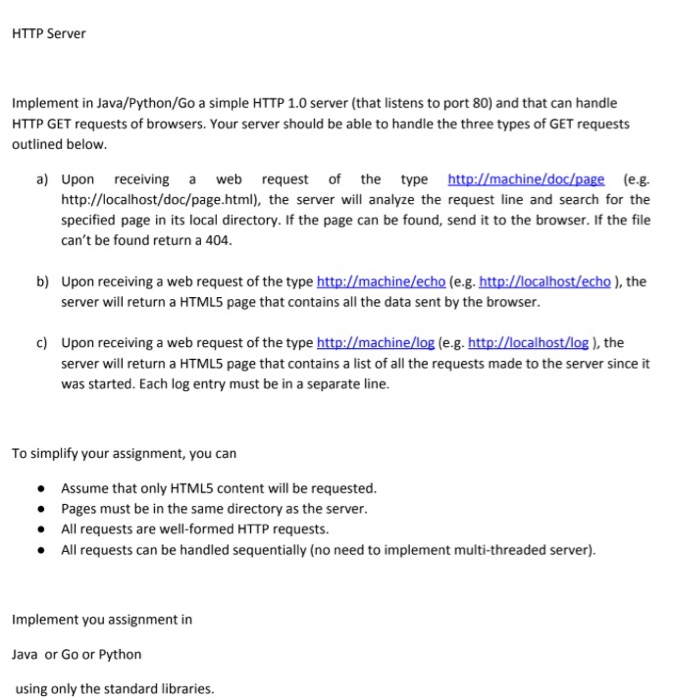 Solved HTTP Server Implement in Java/Python/Go a simple HTTP | Chegg.com