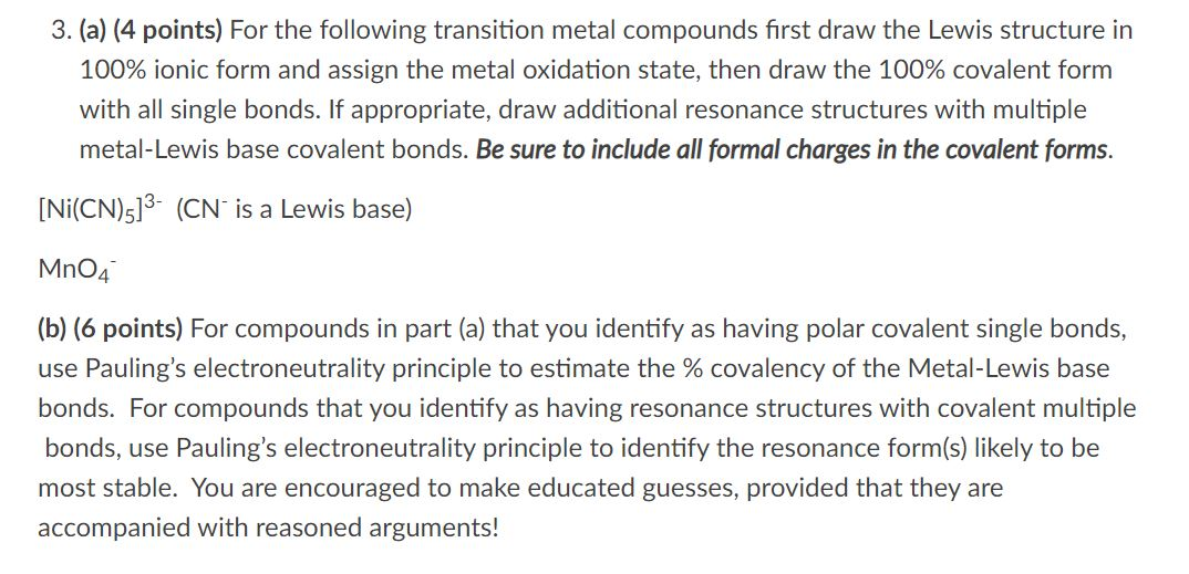 3. (a) (4 points) For the following transition metal | Chegg.com