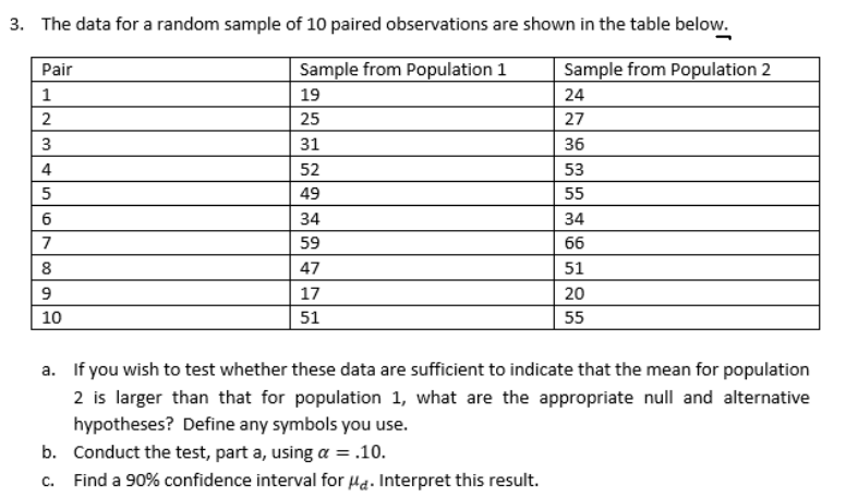 Solved 3. The data for a random sample of 10 paired | Chegg.com