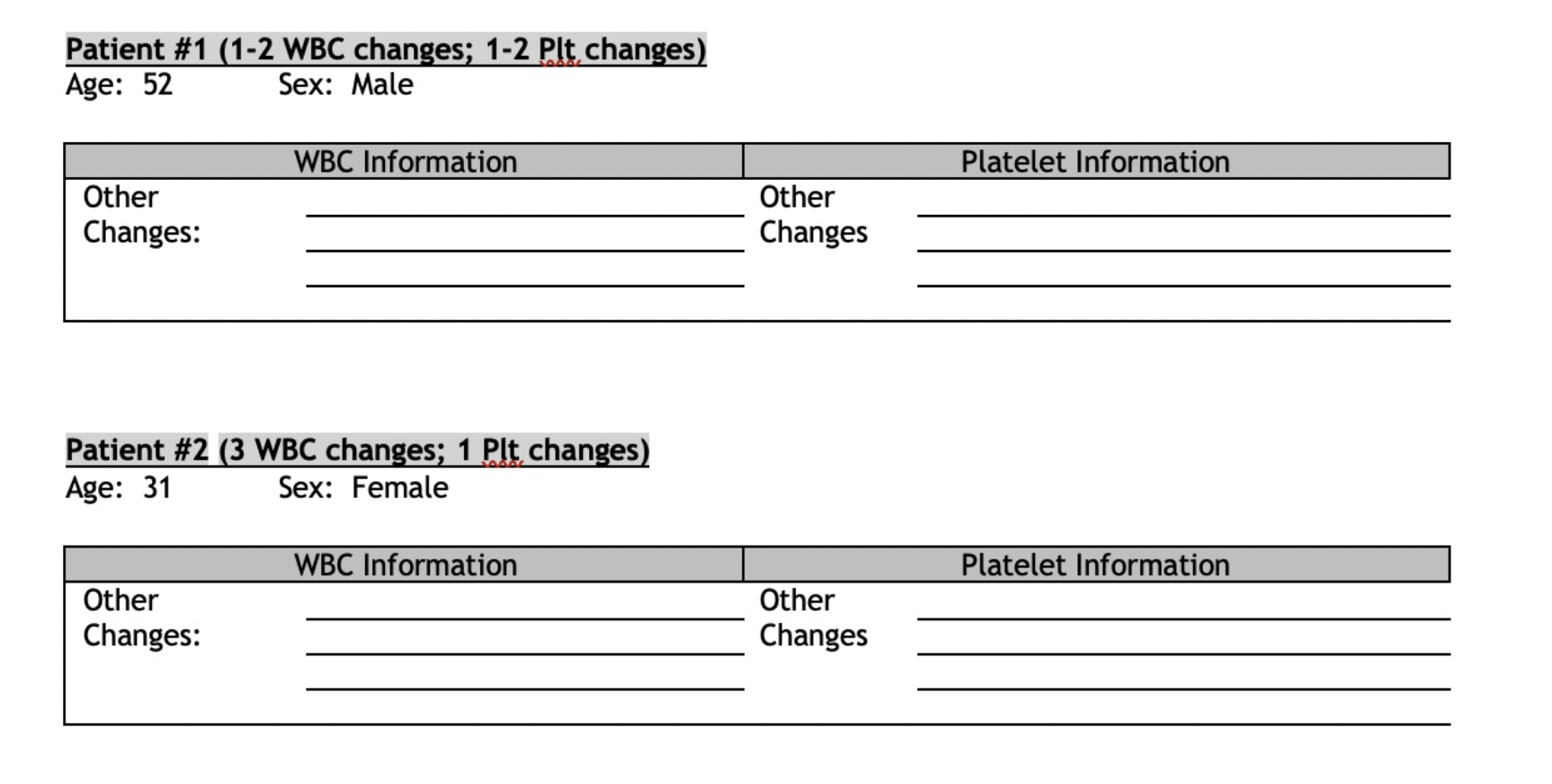 Solved Patient \#1 (1-2 WBC changes; 1-2 Plt changes) Age: | Chegg.com