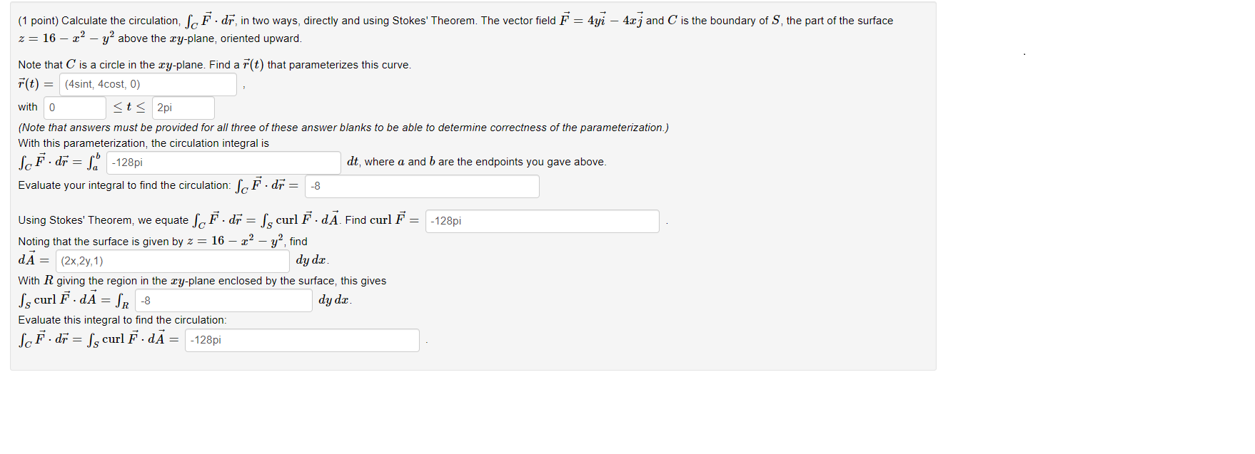 Solved (1 point) Calculate the circulation, ∫CF⋅dr, in two | Chegg.com