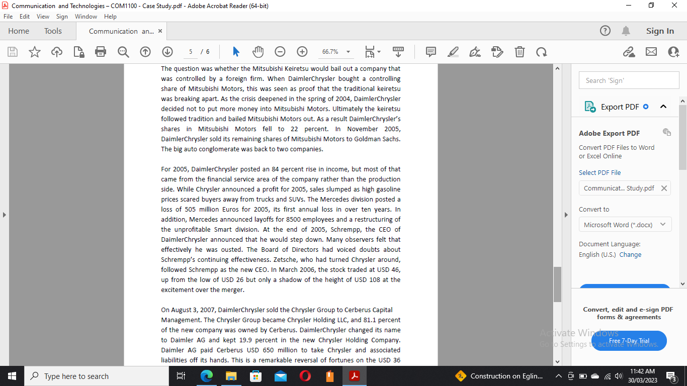 The Daimler Chrysler Merger – A cultural Mismatch! On | Chegg.com