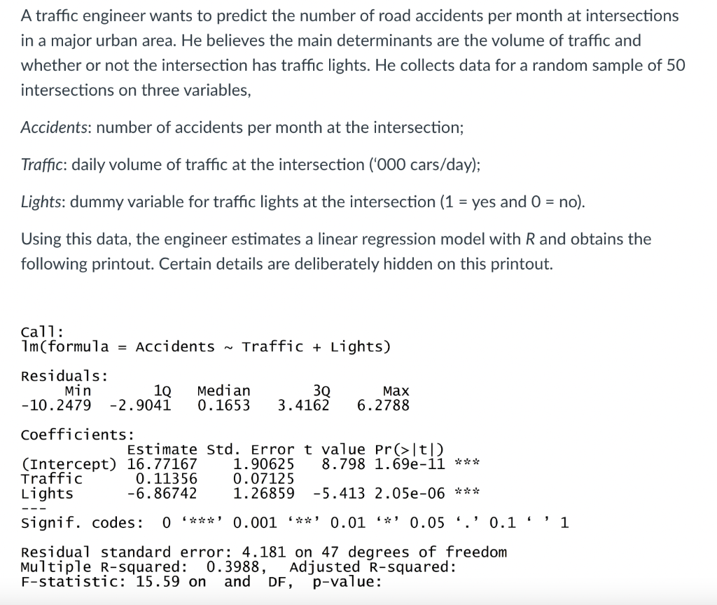 Solved A traffic engineer wants to predict the number of | Chegg.com