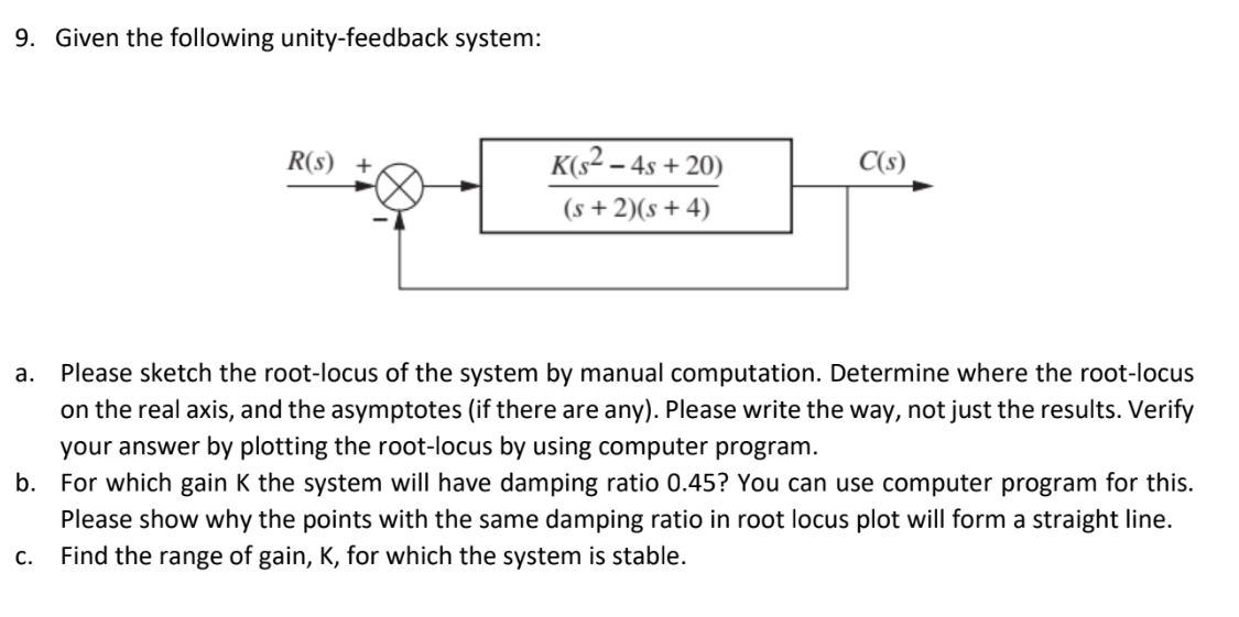 Solved 9. ﻿Given the following unity-feedback system:a. | Chegg.com