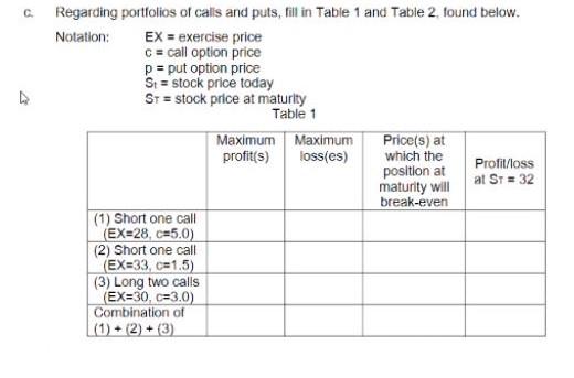 Solved C Regarding portfolios of calls and puts, fill in | Chegg.com
