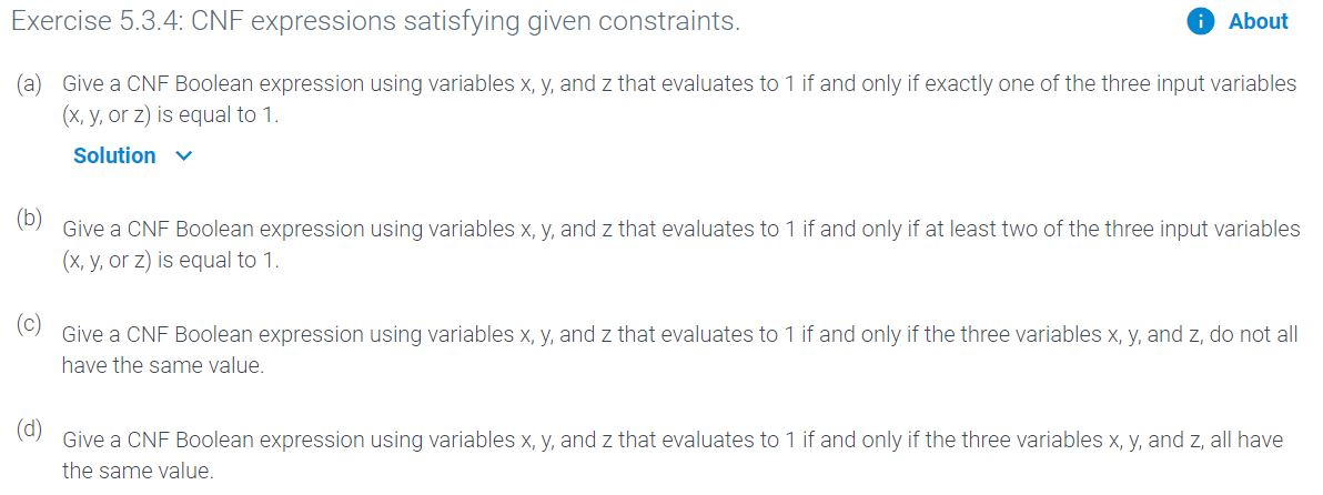 Solved Exercise 5.3.4: CNF expressions satisfying given | Chegg.com