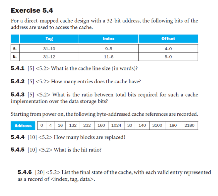 Solved Exercise 5.4 For a direct-mapped cache design with a | Chegg.com
