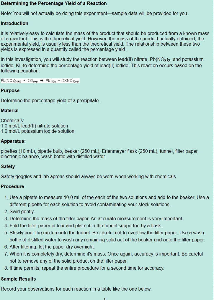 Solved Determining the Percentage Yield of a Reaction Note: | Chegg.com