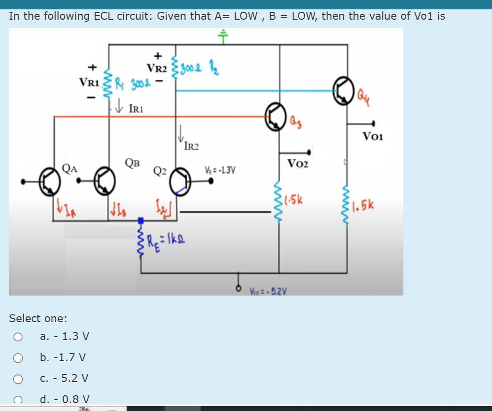 Solved In the following ECL circuit: Given that A=LOW,B=LOW, | Chegg.com