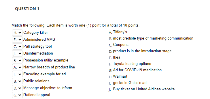 Solved Match the following. Each item is worth one (1) point | Chegg.com