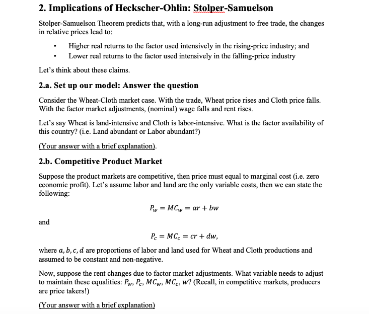 2. Implications of Heckscher-Ohlin: Stolper-Samuelson | Chegg.com