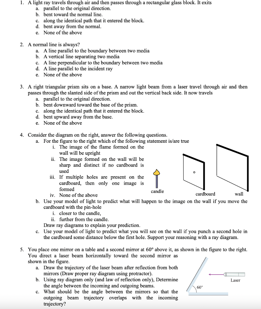 Solved 1. A light ray travels through air and then passes | Chegg.com