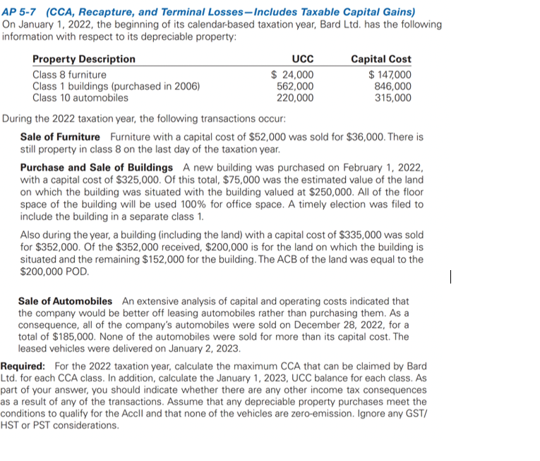 Solved AP 5-7 (CCA, Recapture, and Terminal Losses-Includes | Chegg.com