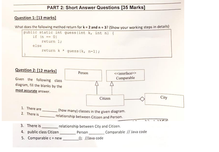 Solved What does the following method return for k=2 and n=3 | Chegg.com