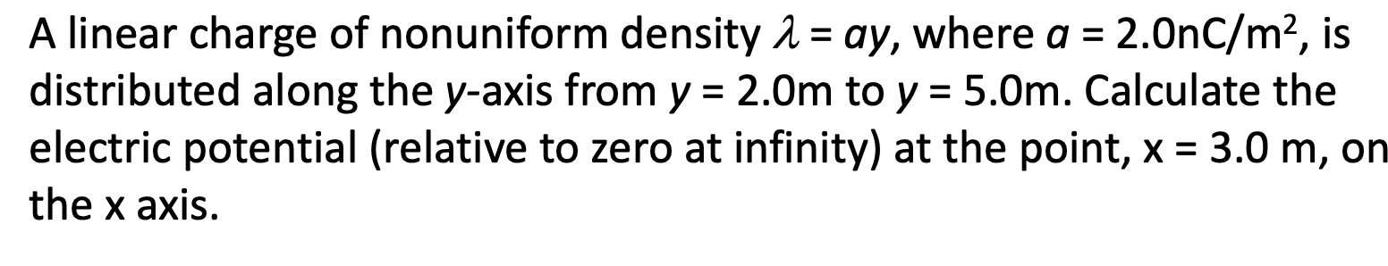 Solved A linear charge of nonuniform density λ=ay, where | Chegg.com