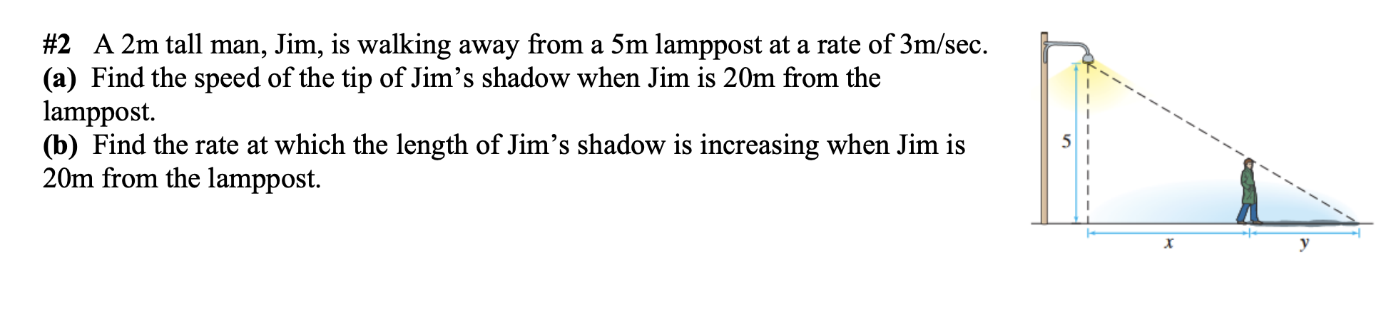 Solved \#2 A 2 m tall man, Jim, is walking away from a 5 m | Chegg.com