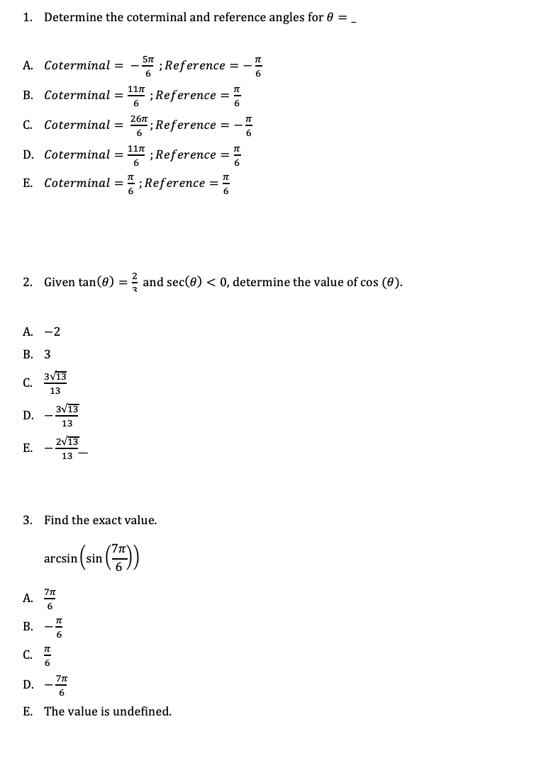 Solved 1. Determine the coterminal and reference angles for | Chegg.com