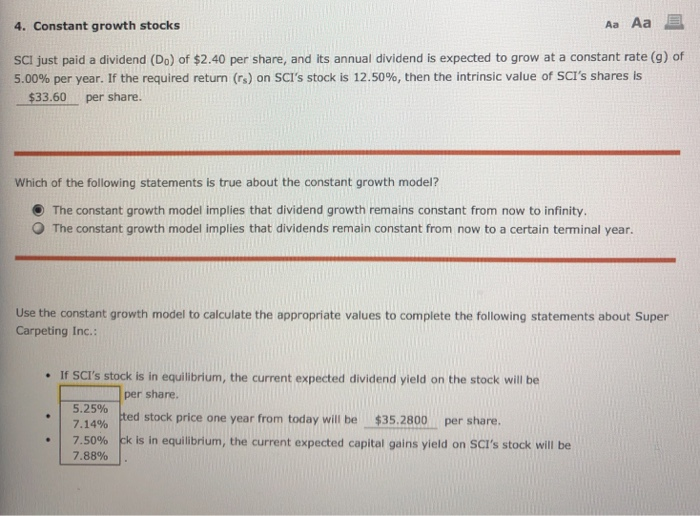 Solved 4. Constant growth stocks Aa Aa SCI just paid a | Chegg.com