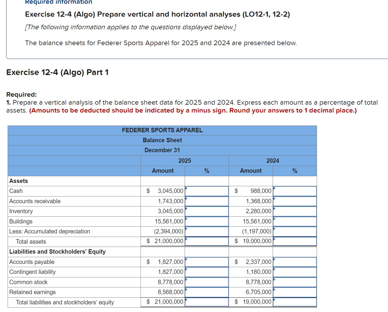 Solved Exercise 12-4 (Algo) Prepare vertical and horizontal | Chegg.com