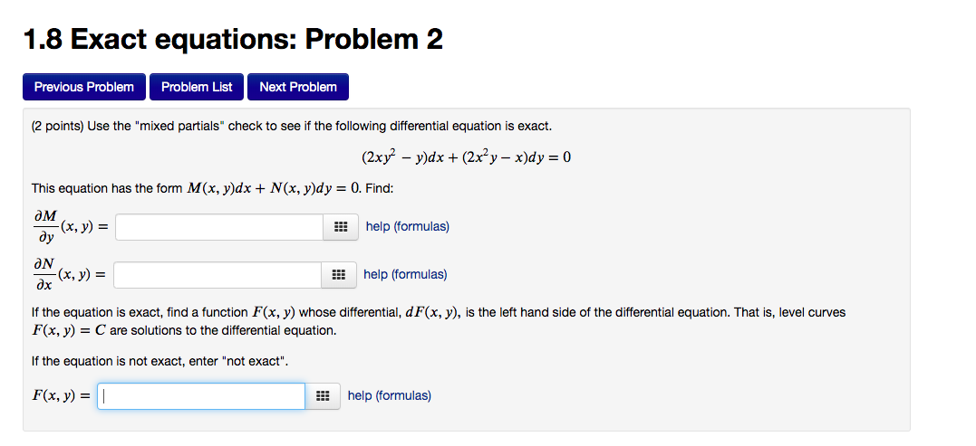 Solved 1.8 Exact equations: Problem 2 Previous Problem | Chegg.com