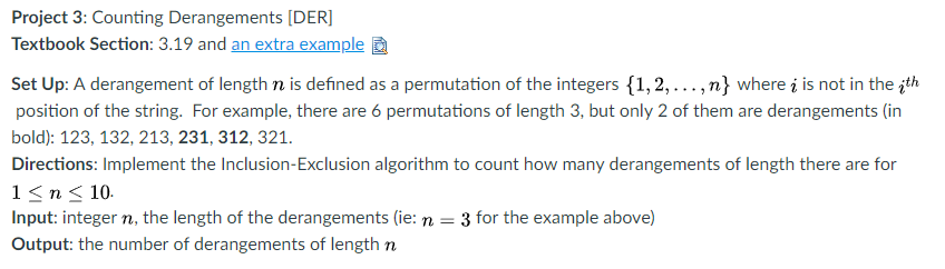 Project 3: Counting Derangements [DER] Textbook | Chegg.com