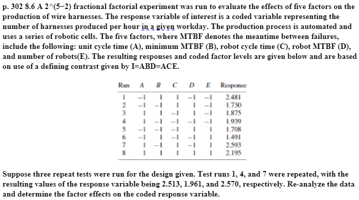 p. 302 8.6 A 2^(5-2) fractional factorial experiment | Chegg.com