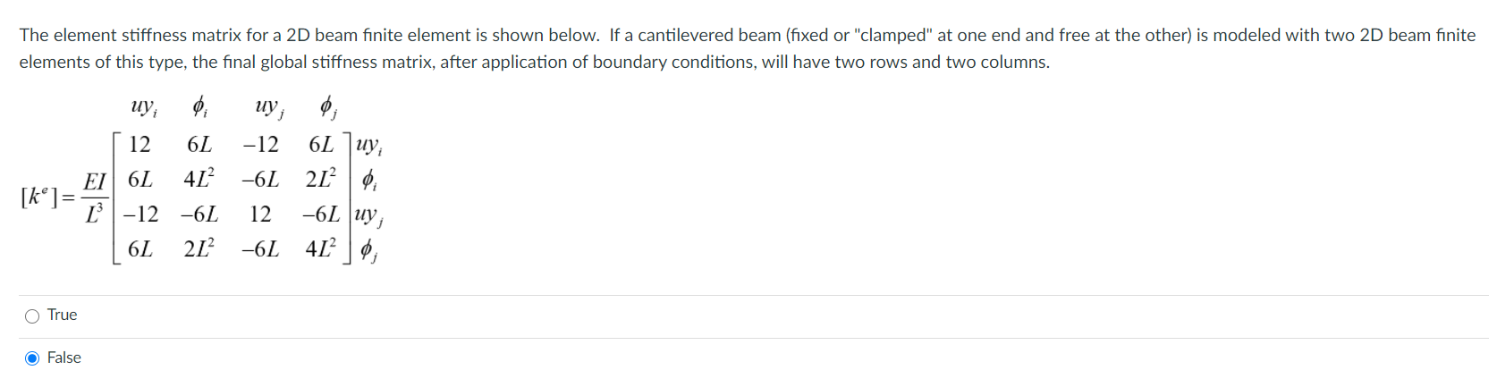 Solved The element stiffness matrix for a 2D beam finite | Chegg.com