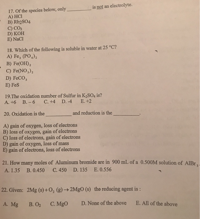 Solved 17. Of the species below, only A) HCI B) Rb2SO4 C) | Chegg.com