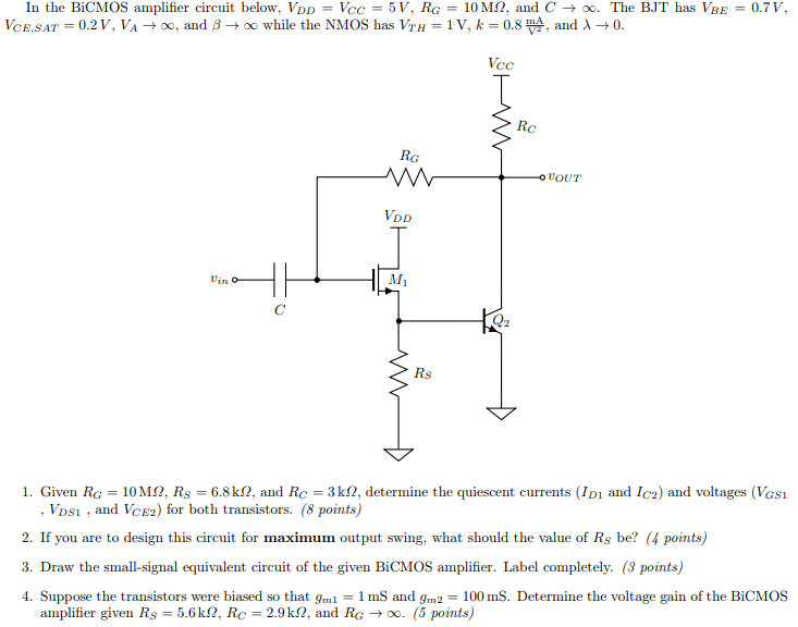 Solved In the BiCMOS amplifier circuit below, Vpp = Vcc = | Chegg.com