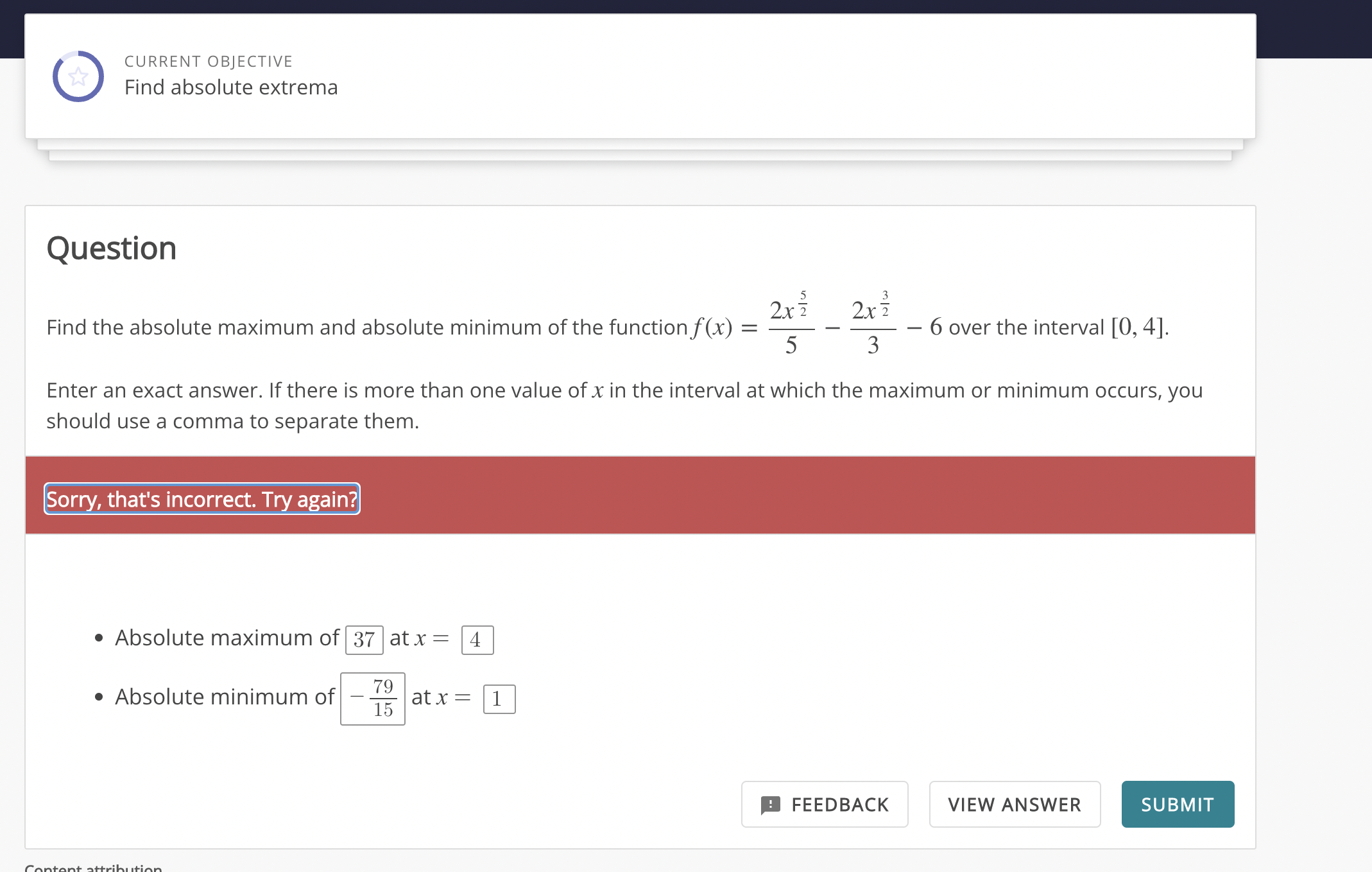 Solved CURRENT OBJECTIVE Find absolute extrema Question Find | Chegg.com