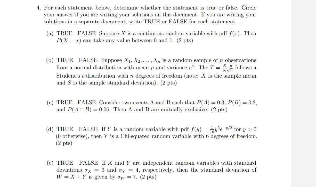 Solved 4. For each statement below, determine whether the | Chegg.com