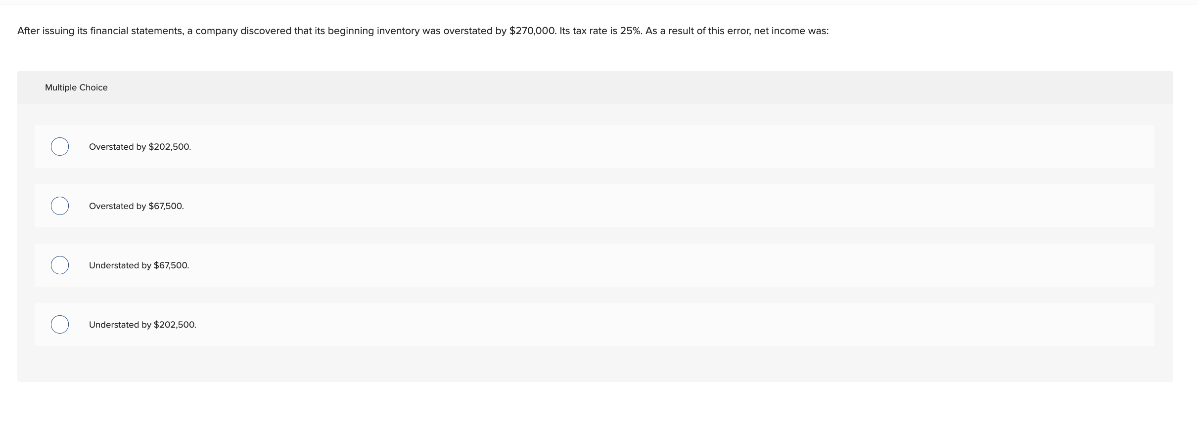 Solved Multiple Choice Overstated by $202,500. Overstated by | Chegg.com