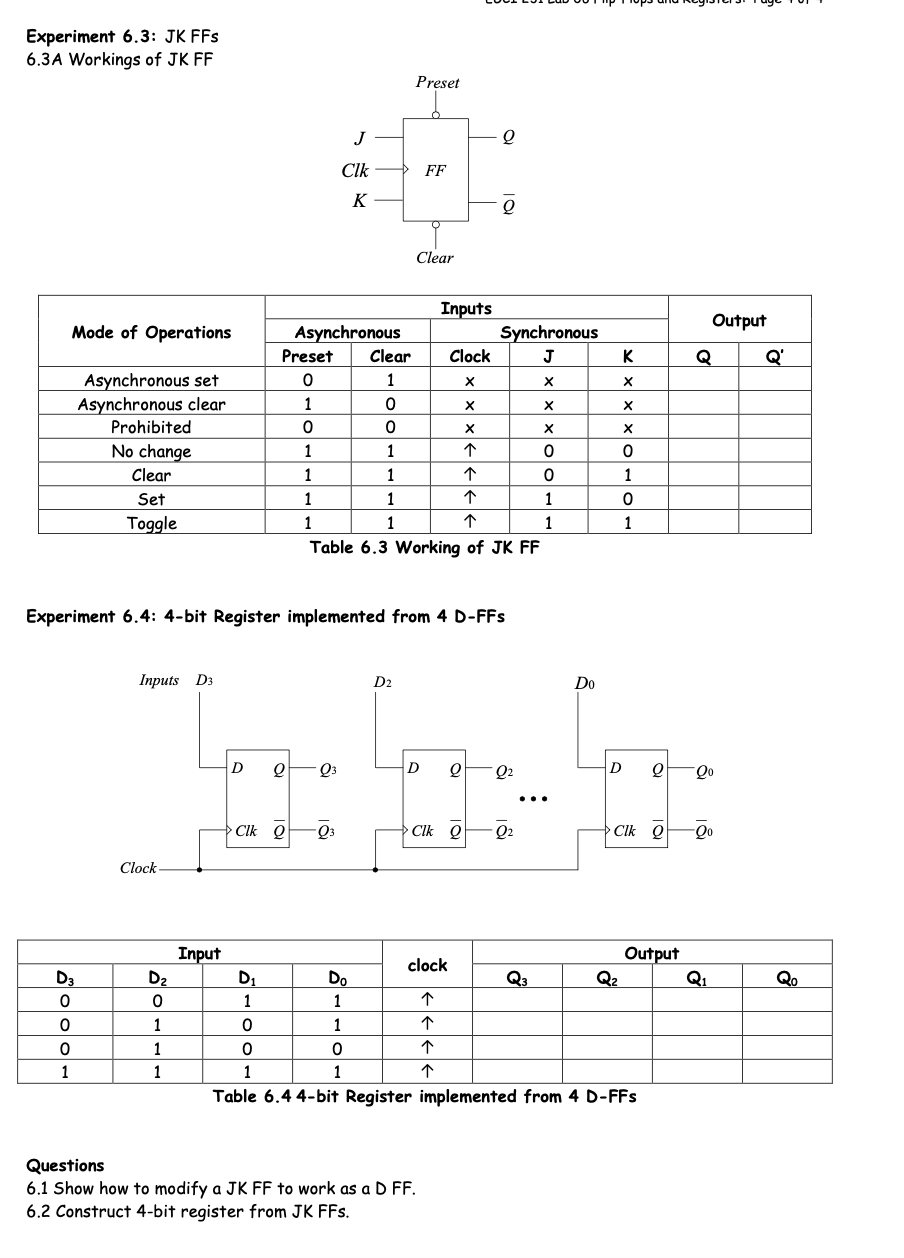 Solved 6 1B NOR latch 6.2B Asynchronous inputs of D FF SET | Chegg.com
