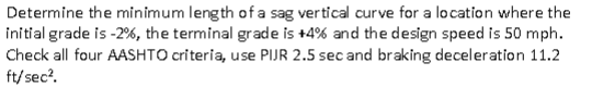 Solved Determine the minimum length of a sag vertical curve | Chegg.com
