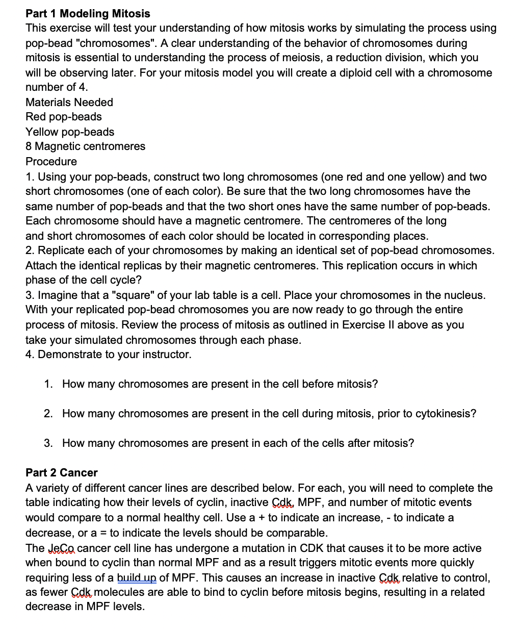 Solved Part 1 Modeling Mitosis This Exercise Will Test Your Chegg