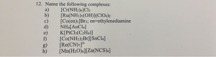 Solved 12. Name the following complexes: a) [Cr(NH3)]Cl b) | Chegg.com