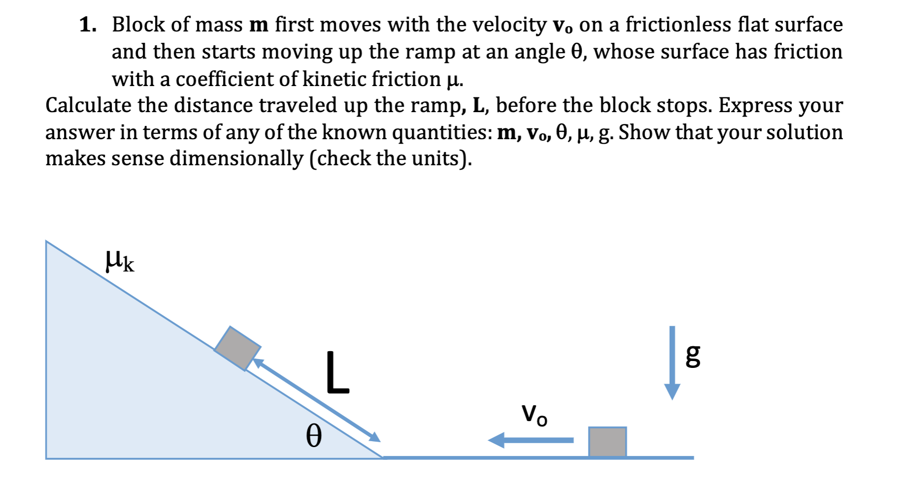 Solved 1. Block of mass m first moves with the velocity vo | Chegg.com