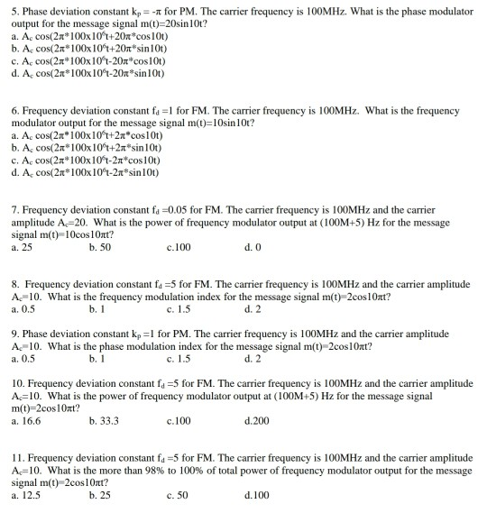 Solved 5. Phase deviation constant kp = -t for PM. The | Chegg.com