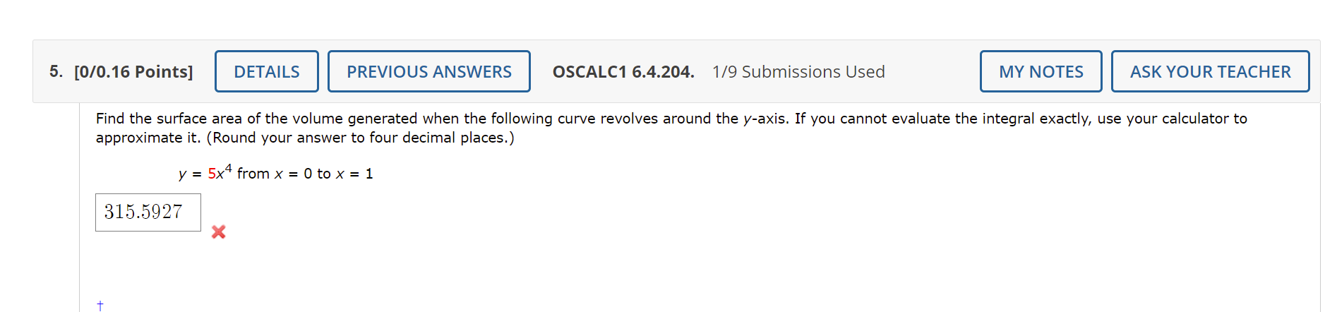 Solved Find the surface area of the volume generated when | Chegg.com