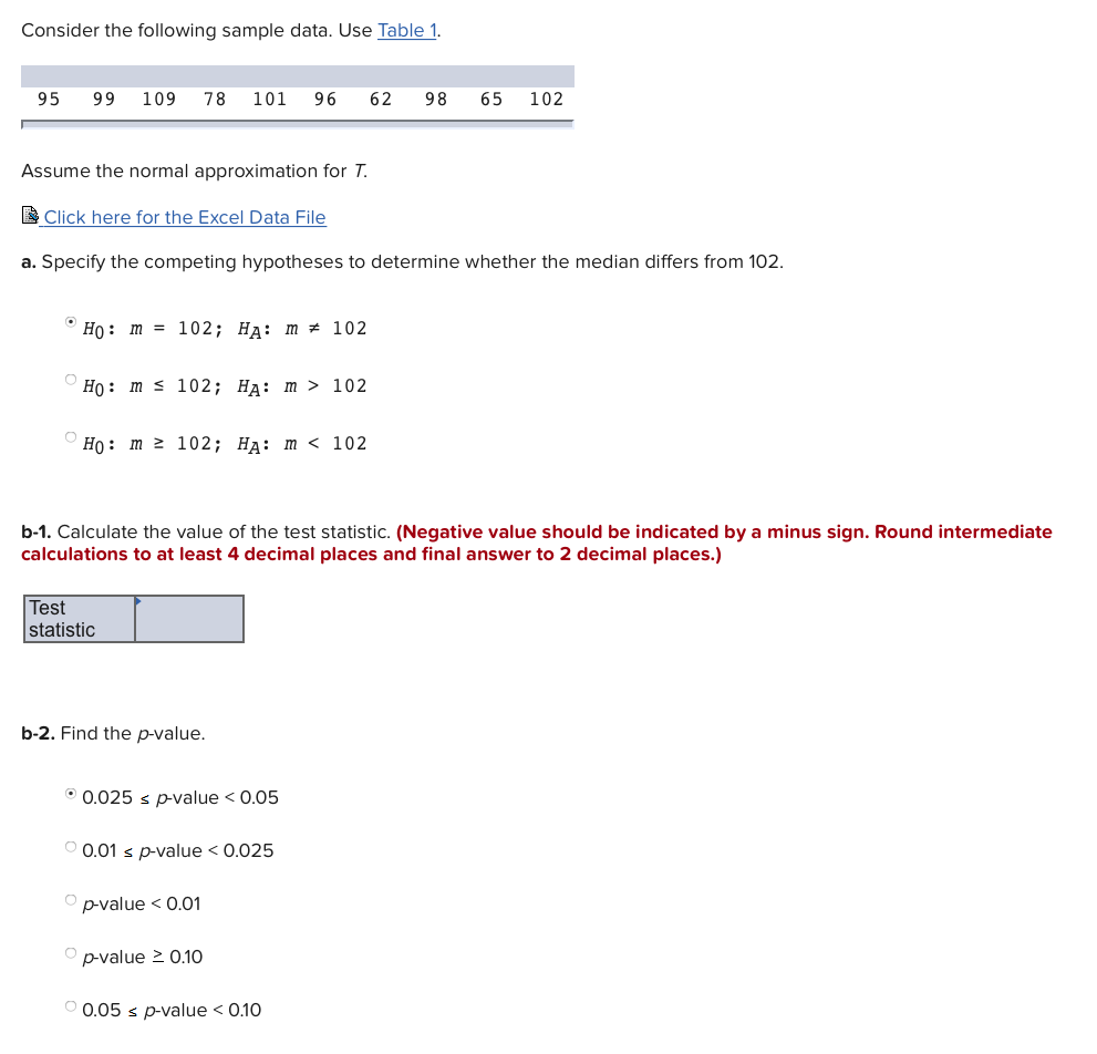 Consider the following sample data. Use Table 1. 95 | Chegg.com