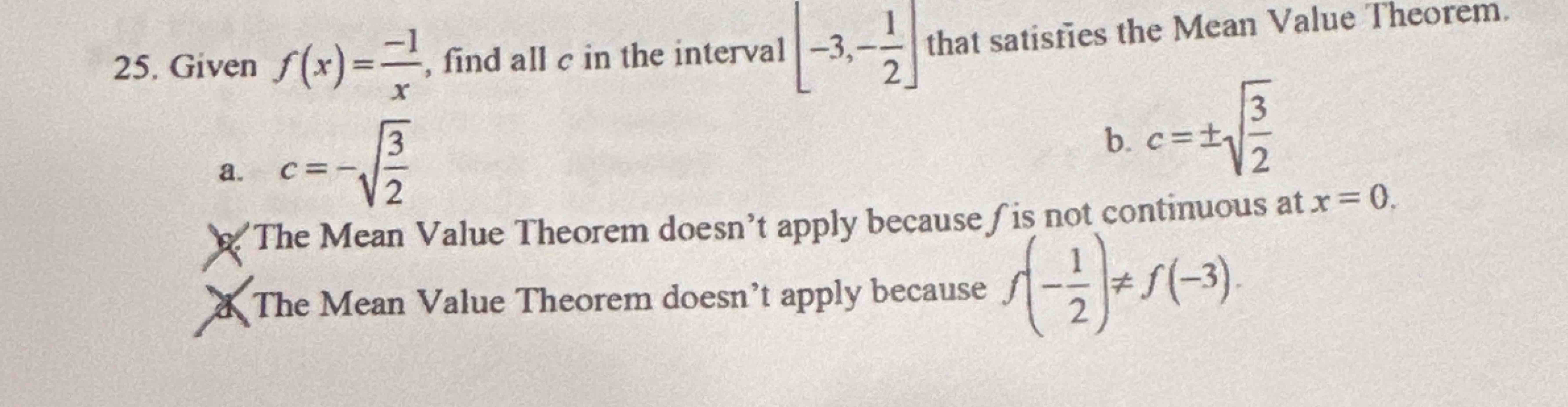 Solved Given f(x)=(-1)/(x), find all c in the interval | Chegg.com