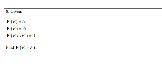 Solved 8. Given: Pr(E)=.7 Pr(F)=.6 Pr(E' F')=.1 Find | Chegg.com