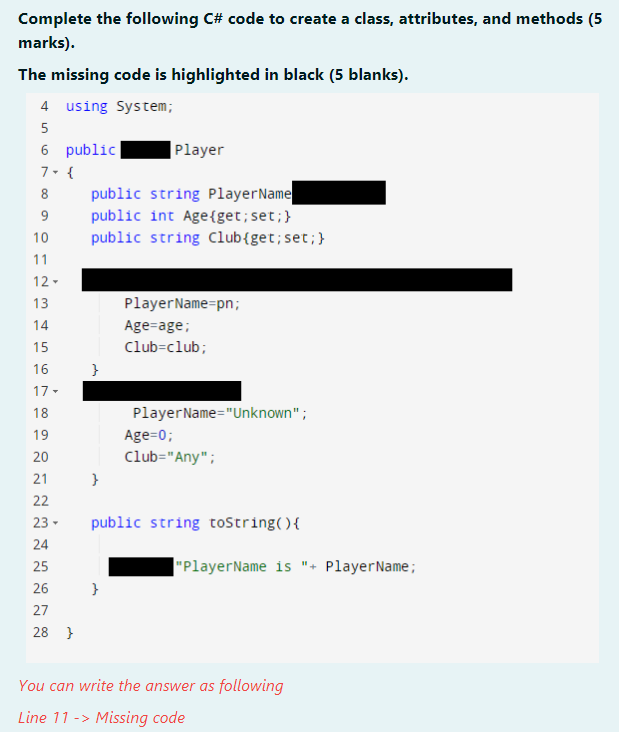 Solved Complete the following C\# code to create a class, | Chegg.com
