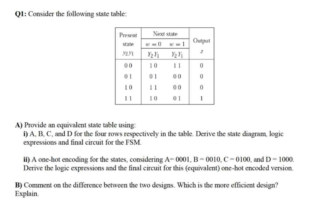 Solved Q1: Consider the following state table: Output | Chegg.com