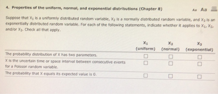 Solved 4. Properties of the uniform, normal, and exponential | Chegg.com