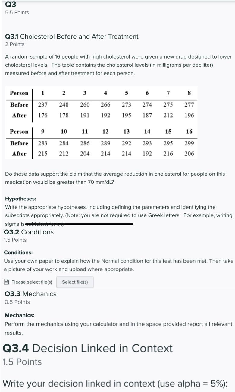 Solved Q3 5.5 Points Q3.1 Cholesterol Before and After | Chegg.com