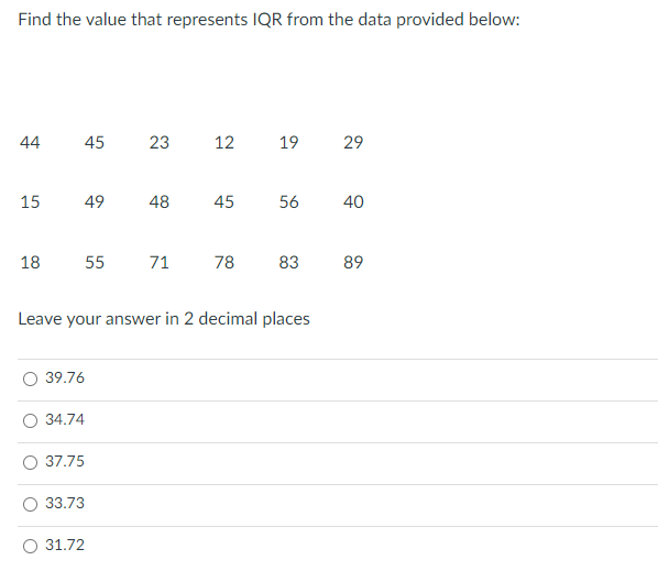 Solved Find the value that represents IQR from the data | Chegg.com