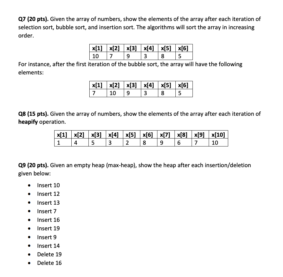Solved Q7 (20 pts). Given the array of numbers, show the | Chegg.com