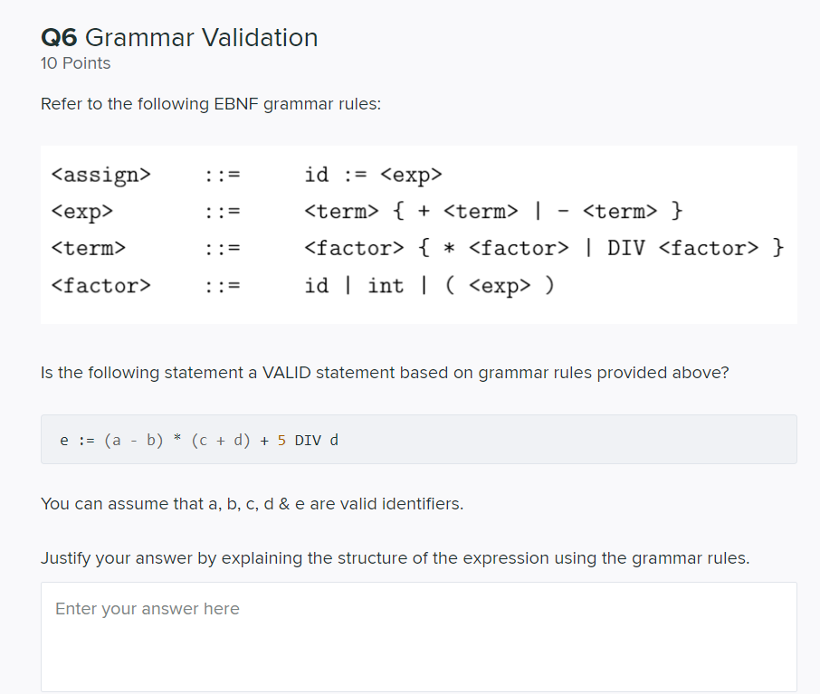Solved Q6 Grammar Validation 10 Points Refer to the | Chegg.com