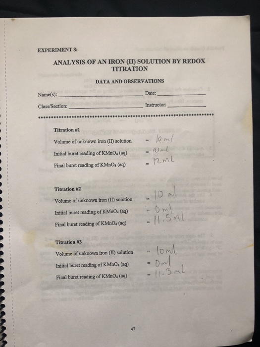 Solved EXPERIMENT 8: ANALYSIS OF AN IRON (II) SOLUTION BY | Chegg.com
